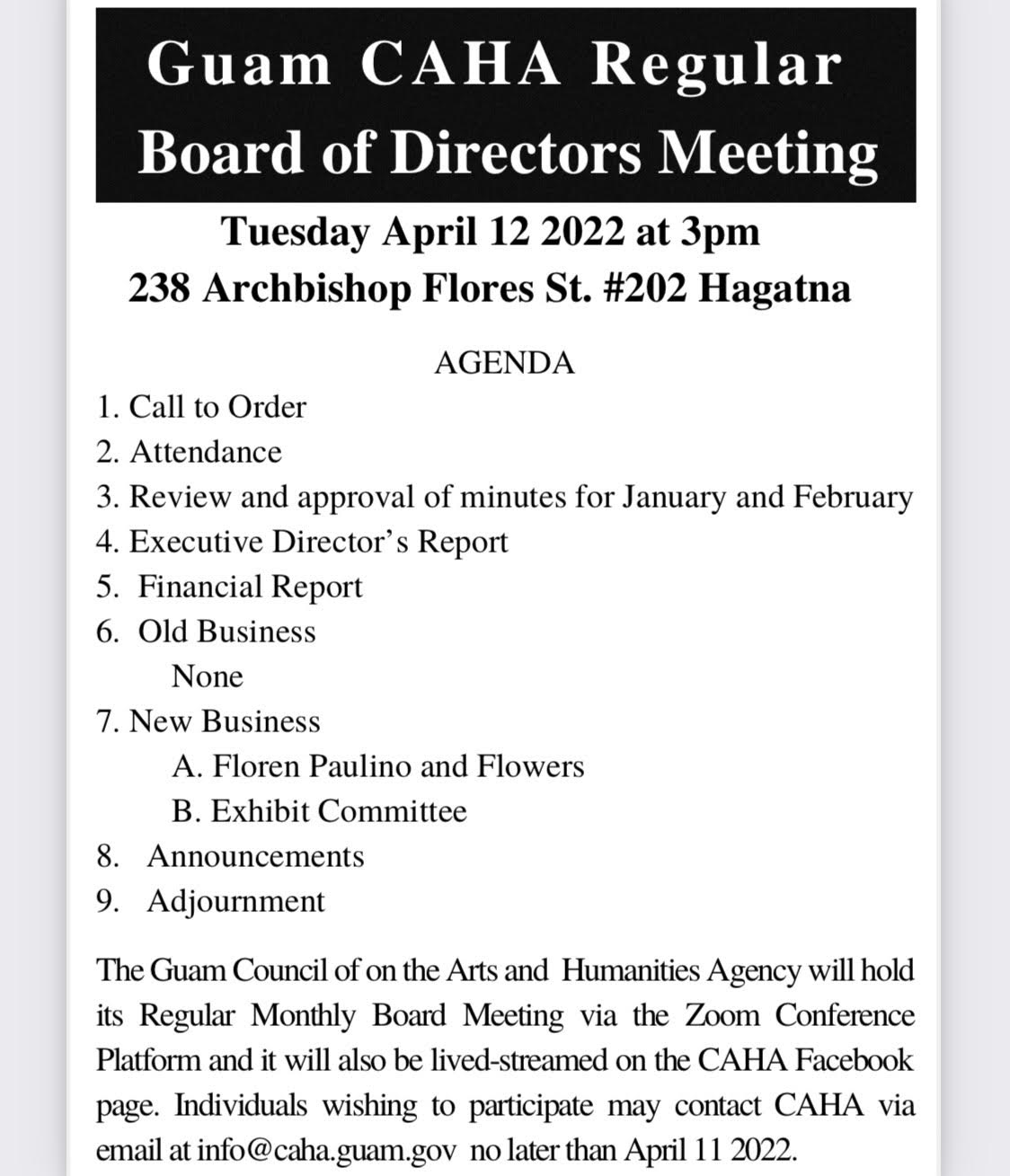 Regular Board of Director's Meeting, April 12, 2022 at 3pm - Guam CAHA ...